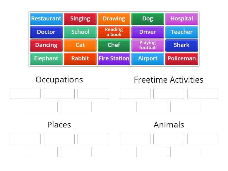 Sort into Places, Freetime Activities, Animals and Occupations - Group sort
