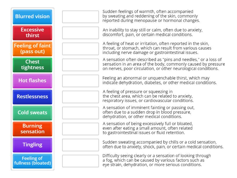 Match the sensation and its corresponding definition - Match up