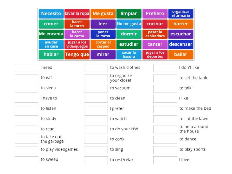 Spanish Chores & activities - Los quehaceres y actividades - Match up