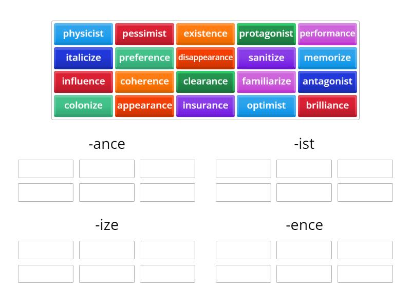 Suffixes -ance, -ist, -ize, -ence - Group sort