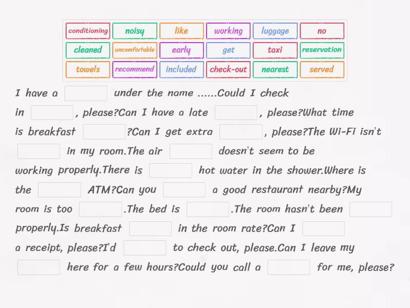 Hotel phrases - FILL IN - Complete the sentence
