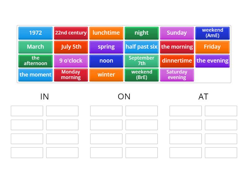 EF PI Unit 2B Prepositions of time (in on at) - group - Group sort