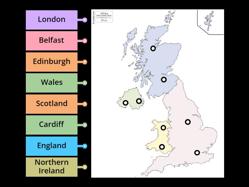 The UK map with capital cities - Labelled diagram
