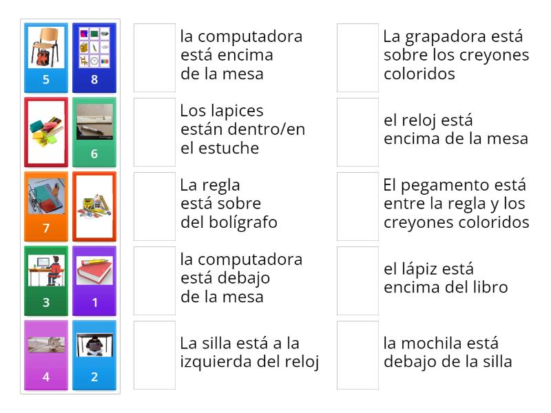 Los Objetos de la clase y preposiciones - Une las parejas
