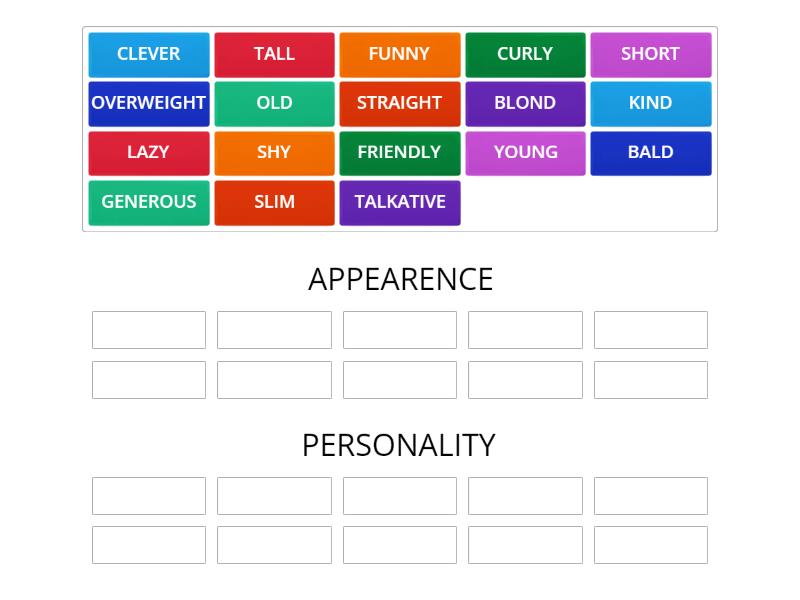 Adjectives to describe people (Personality and Appearance) - Group sort