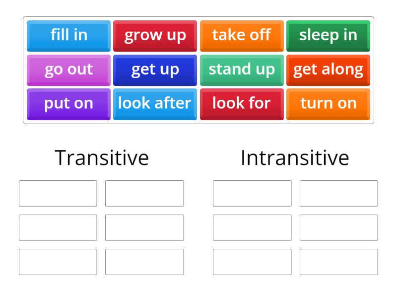 Transitive and Intransitive Phrasal Verbs = Place these in the correct ...