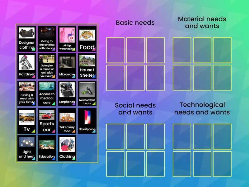 Types of needs and wants - Group sort