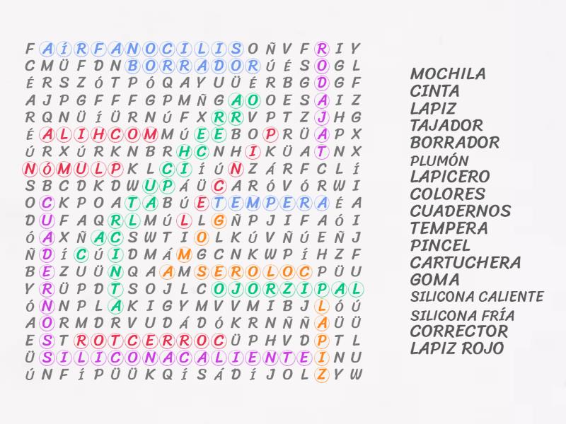 Sopa de letras de utiles escolares - Wordsearch