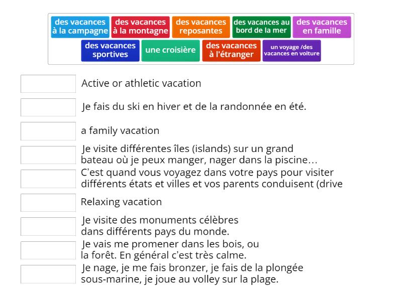 types de vacances et activités - Match up