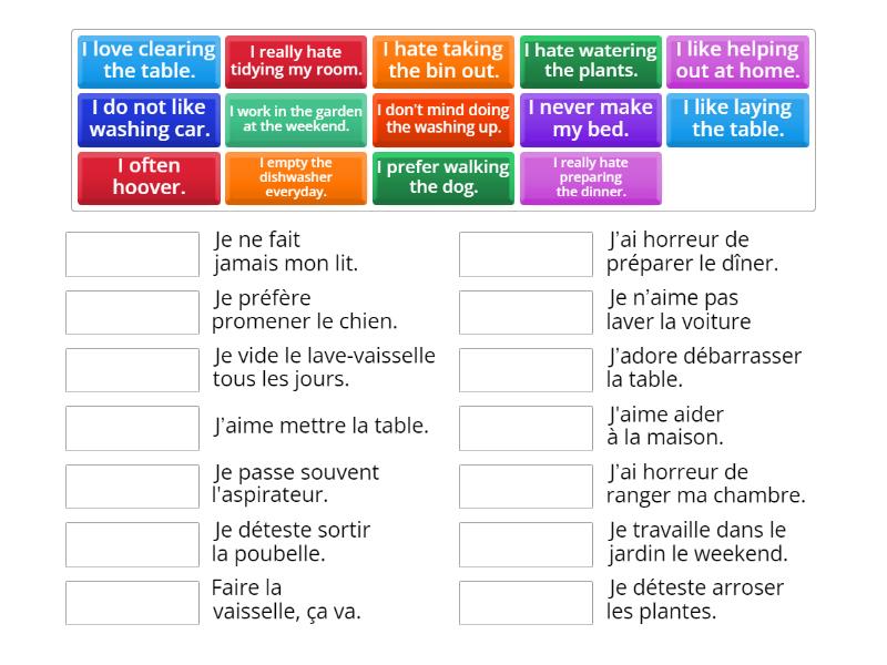 likes and dislikes with household chores Eng - Fr - Match up