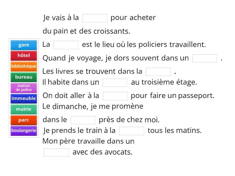 La ville (texte à trous) - Complete the sentence