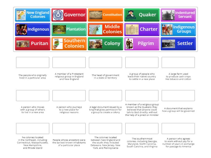 13 Colonies Vocabulary List - Match up