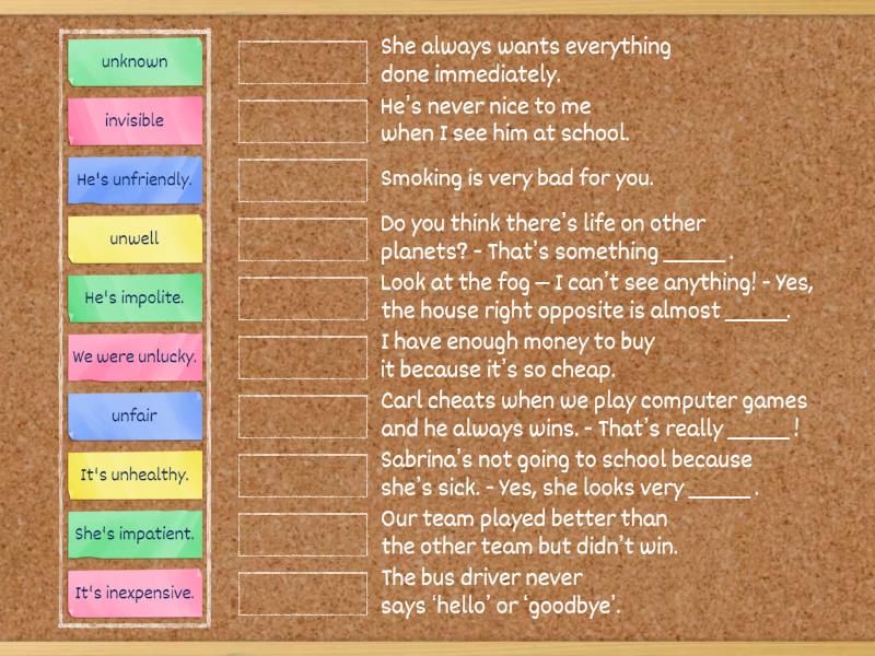 Prefixes un-, in-, im- (Sentences) - Сопоставить