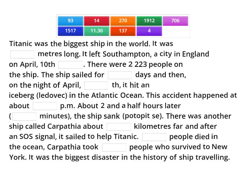 Titanic disaster - complete the numbers - Complete the sentence