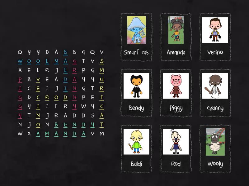 sopa de letras Personaje toca boca (baldi, piggy, granny, amanda, rod ...