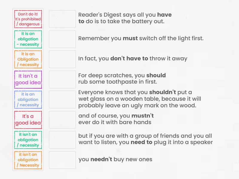 OBLIGATION, NECESSITY, PROHIBITION, ADVICE - Match up