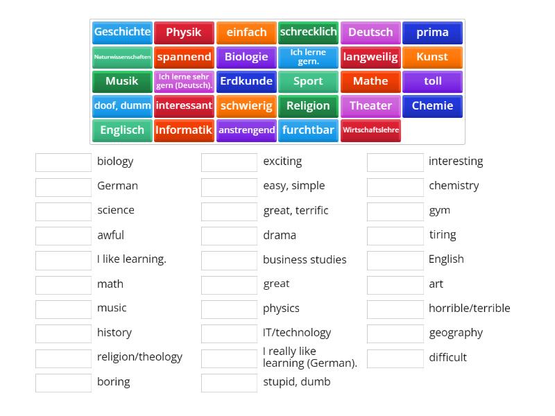 School Subjects German 1 - Match up