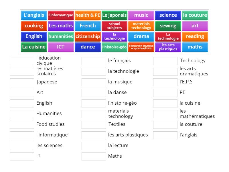 School Subjects - French - Match up