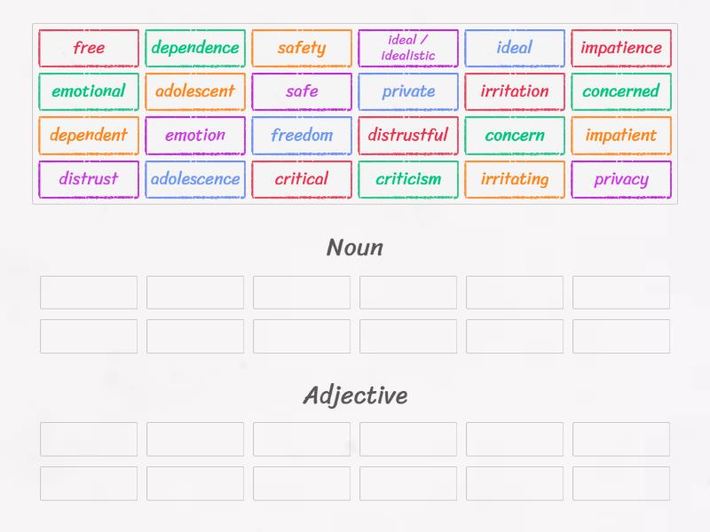 Nouns & Adjectives - life events - Unit 1 - Group sort