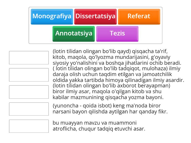 Ilmiy uslub va uning turlari. - Match up