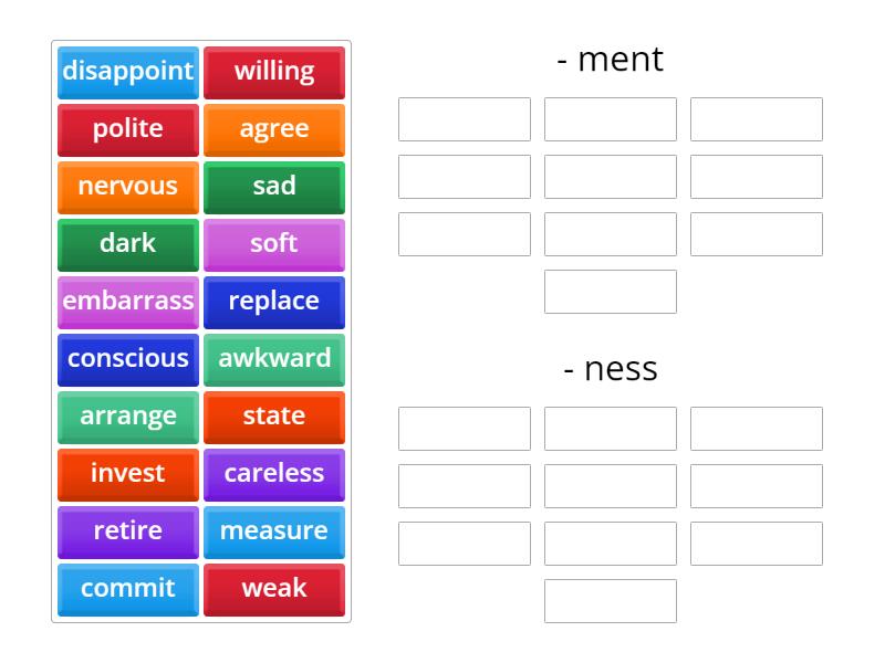 Noun suffixes -ment, -ness - Group sort