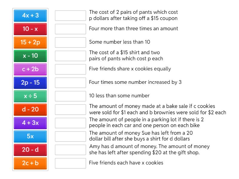 Algebraic Expressions - Match up