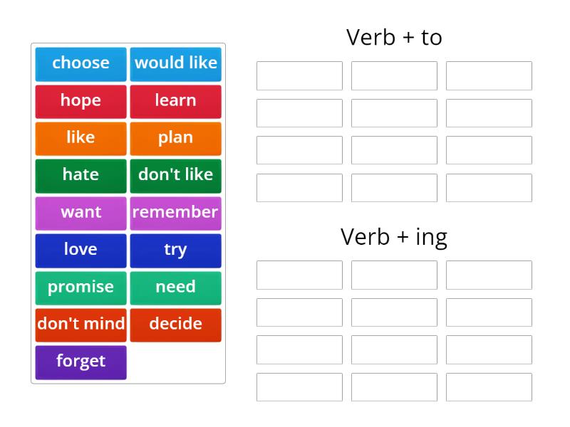 Verb + to or verb + ing elementary - Group sort