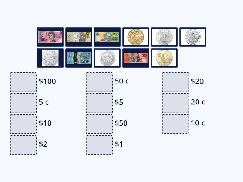 MONEY- Coins & Notes QUIZ - Match up