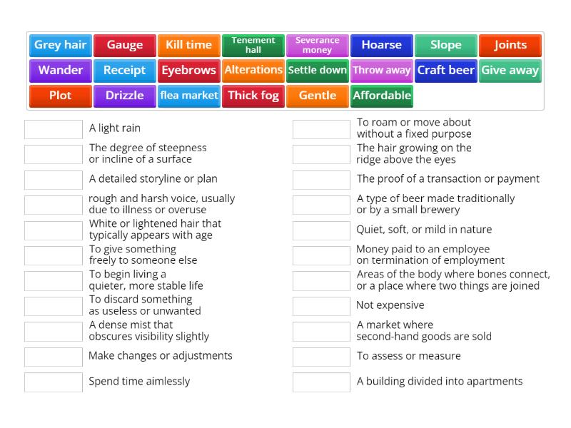 Vocabulary Recap Speaking Group Mondays - May 2024 - Match up