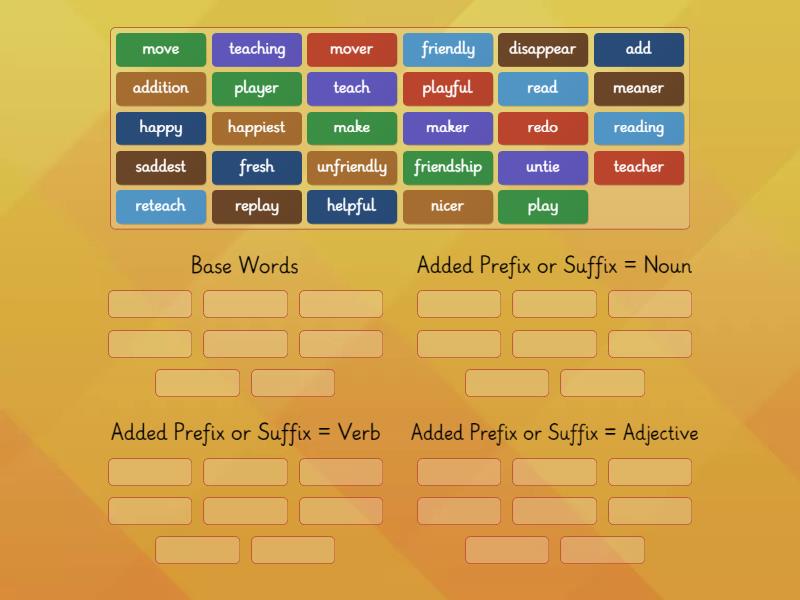 York International 2nd Grade Parts of Speech Affix Game Show - Group sort