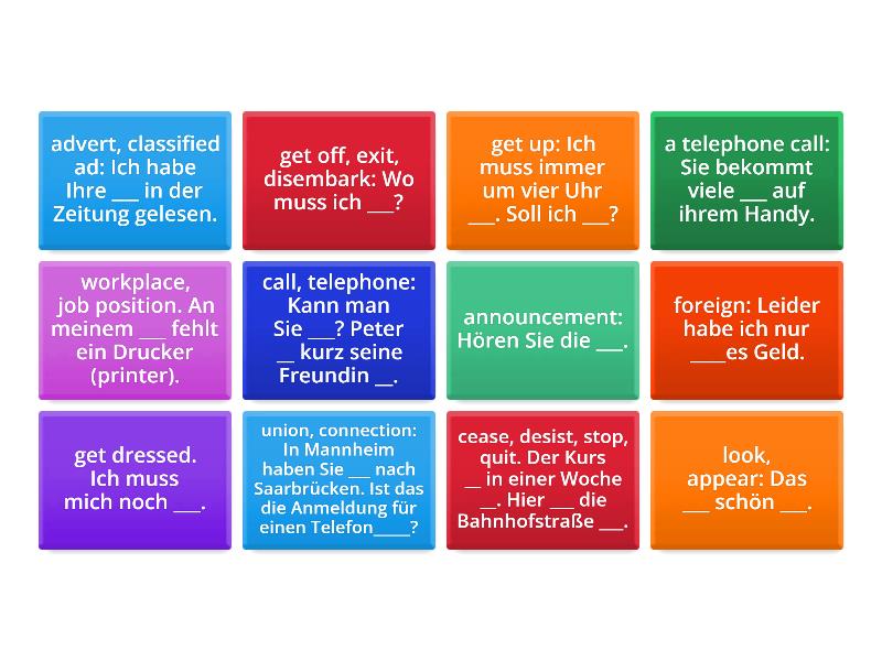 A1 German word list 2 with sentences - Flip tiles