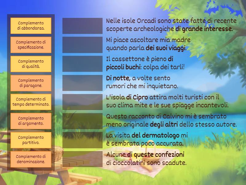 Individua il complemento corretto. - Match up