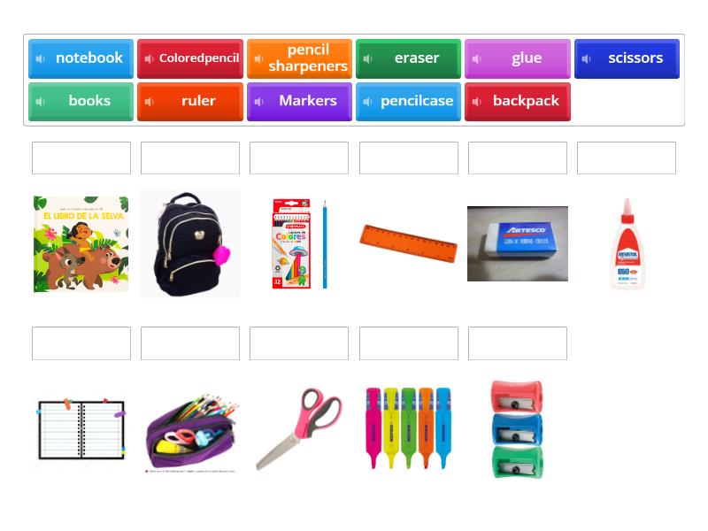 Relacionando los utiles escolares con su nombre en inglés.Relating ...
