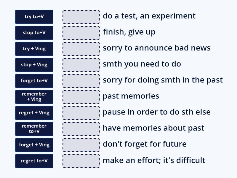 Gerund VS Infinitive-Stop, Try, Remember, Forget, Regret - Match up