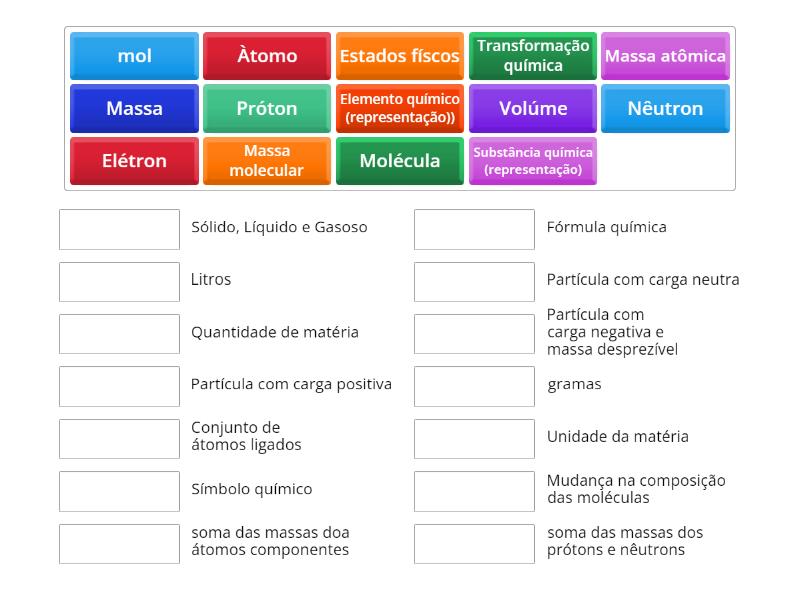 Atomística básica e conceitos básicos de química - Match up