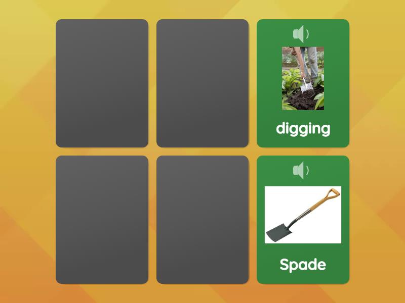 Garden tools and the actions, (subject, verb). - Matching pairs