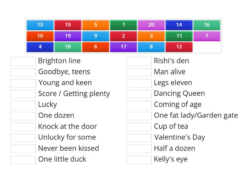 Bingo Numbers Nicknames 1-20 - Match up