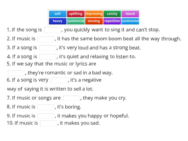 Outcomes inter p. 38, ex. 1 / Describing music - Complete the sentence