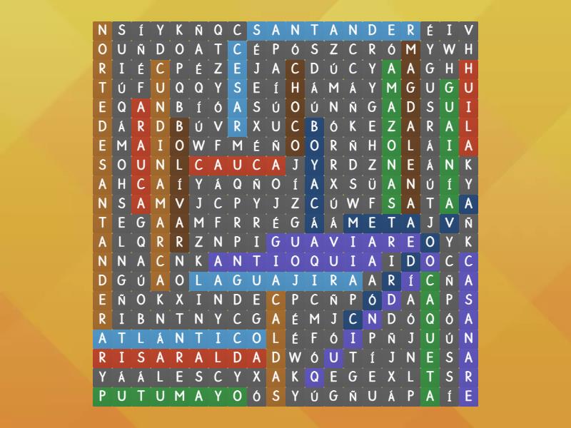 los 32 departamentos de Colombia - Sopa de letras