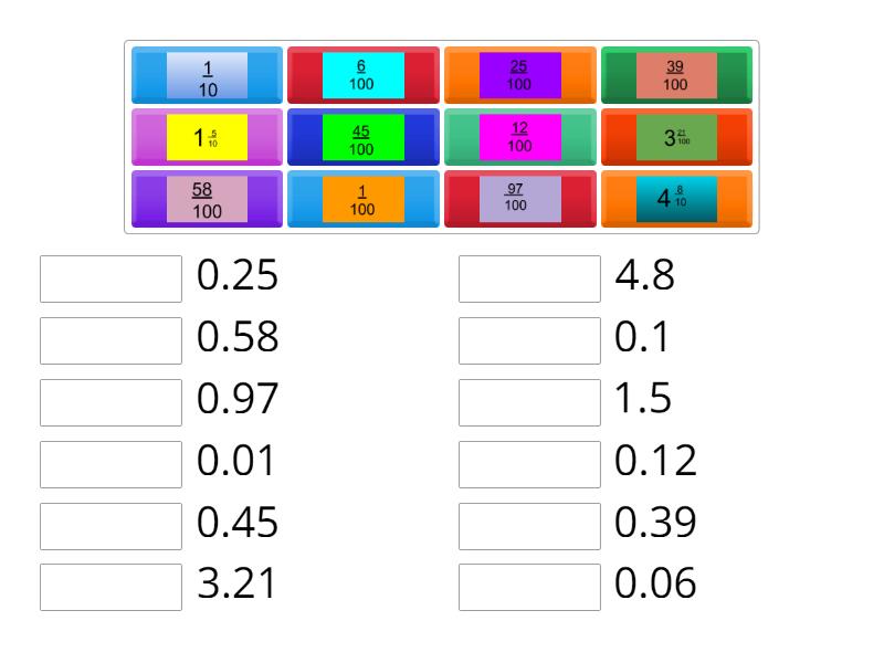 Match the fraction with the decimal - Match up