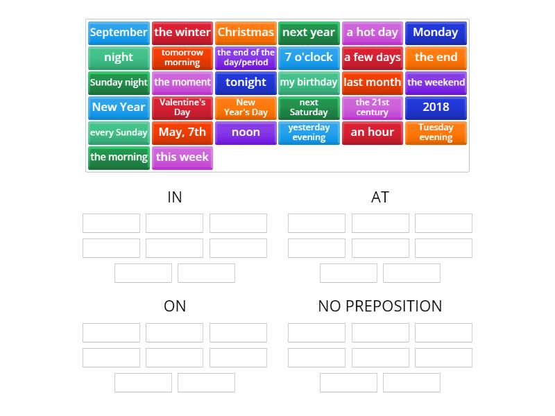 EF elementary, unit 4B, prepositions of time - Group sort EF elementary, unit 4B, prepositions of time - Group sort