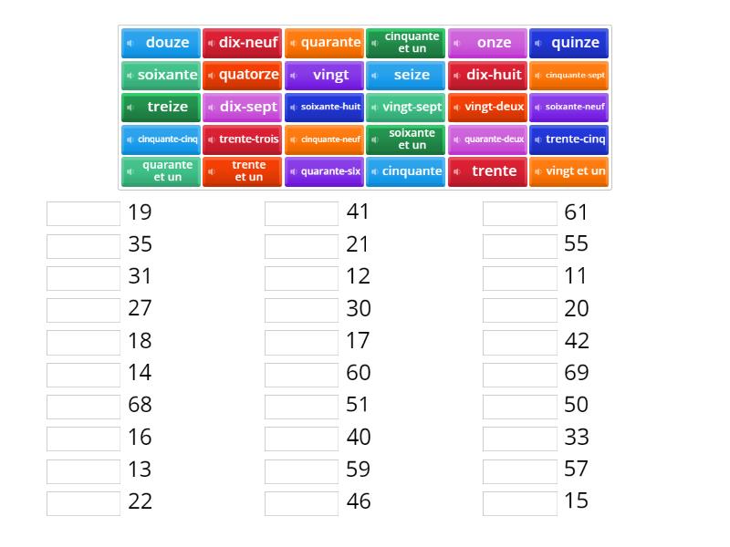 A1 Les nombres 0-69 avec le son - Match up