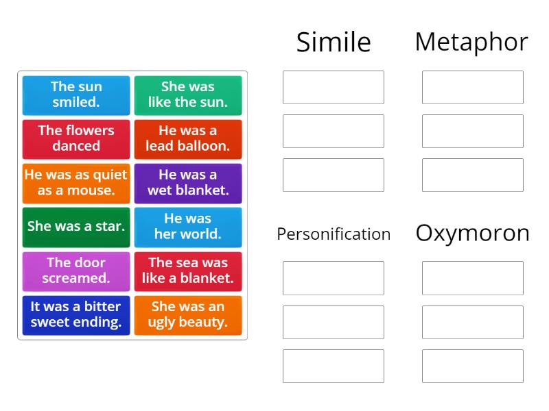 Metaphor, Simile, Personification and Oxymoron Quiz - Group sort