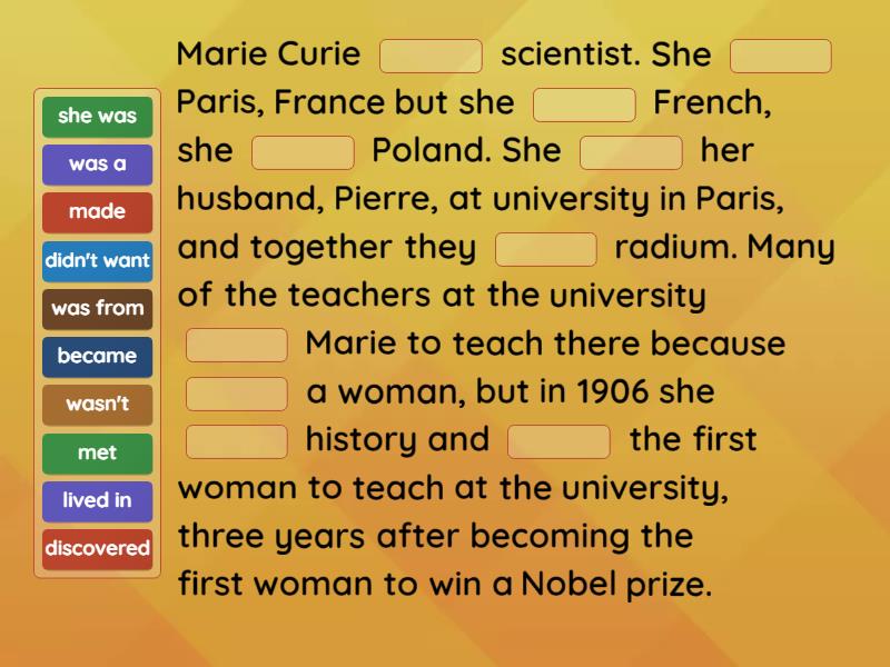 Eyes Open 2 Marie Curie fill in the gaps Past Simple EO2 - Missing word