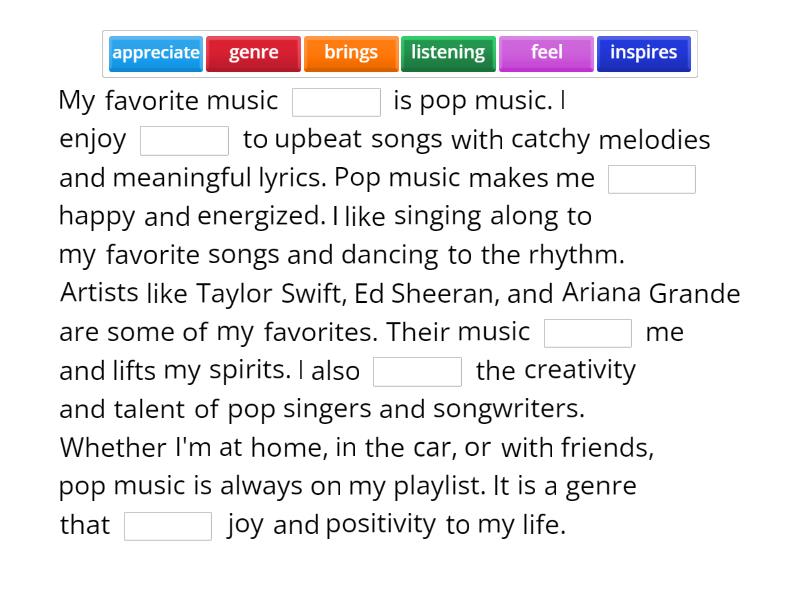 My Favorite Music Genre - Reading grade 6 - Complete the sentence
