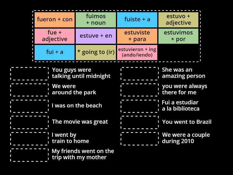 Fue vs Estuve (diferentes usos y preposiciones) - Une las parejas