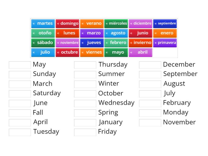 Days of the Week, Months and Seasons in Spanish - Match up