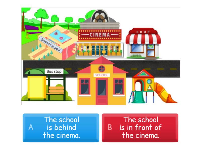 Town. Prepositions of place. (in front of, behind, between, next to) - Quiz