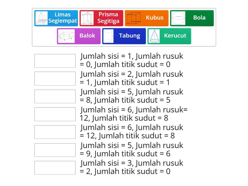 Jodohkanlah Bangun Ruang berikut sesuai dengan Banyaknya Sisi, Rusuk ...