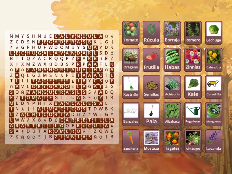 Elementos en un huerto - Sopa de letras